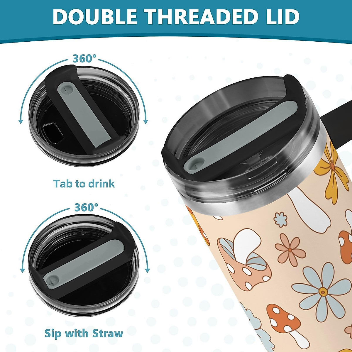 Yasala Car Tumbler with Handle Wild Mushroom Spring Flower Travel Mug Coffee Cup Insulated Beverage Container Mega Cup for Hot Cold Drinking Thermos Water Bottle Cupholder Friendly 40 oz