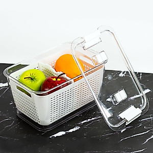 Spec101 Plastic Food Storage 10in - Kitchen Strainer Container with Lid, Large Fridge Containers for Fruits, Vegetables