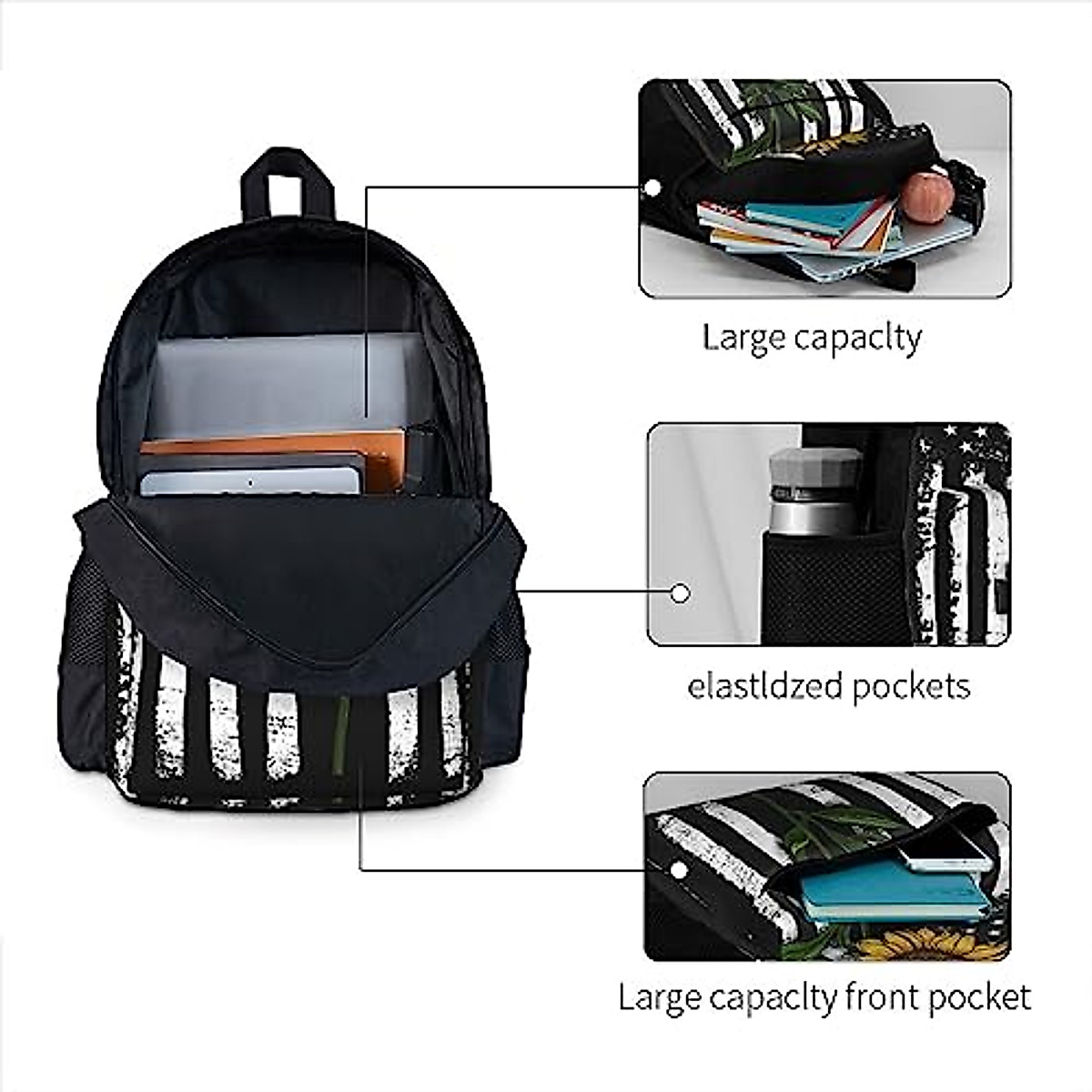 JASMODER Sunflower And American Flag Laptop Backpack Hiking Travel Daypack For Men Women And Youth