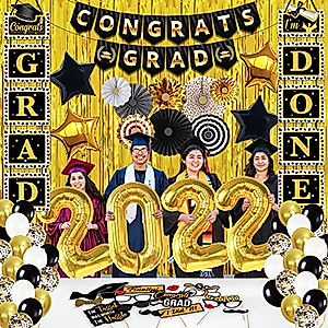 Huge, Graduation Party Decorations 2022 - Pack of 75 | Congrats Grad Banner, Graduation Photo Props | Gold Fringe Graduation Backdrop | Graduation Banner, Black and Gold Graduation Decorations 2022