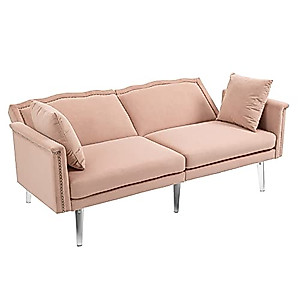 FULife 65" Mid Century Modern Velvet Upholstered Futon Sofa Split Back Loveseat Convertible Sleeper Couch Bed Daybed,Folding Recliner with Armrest&2 Pillows for Living Room/Compact Space, Pink