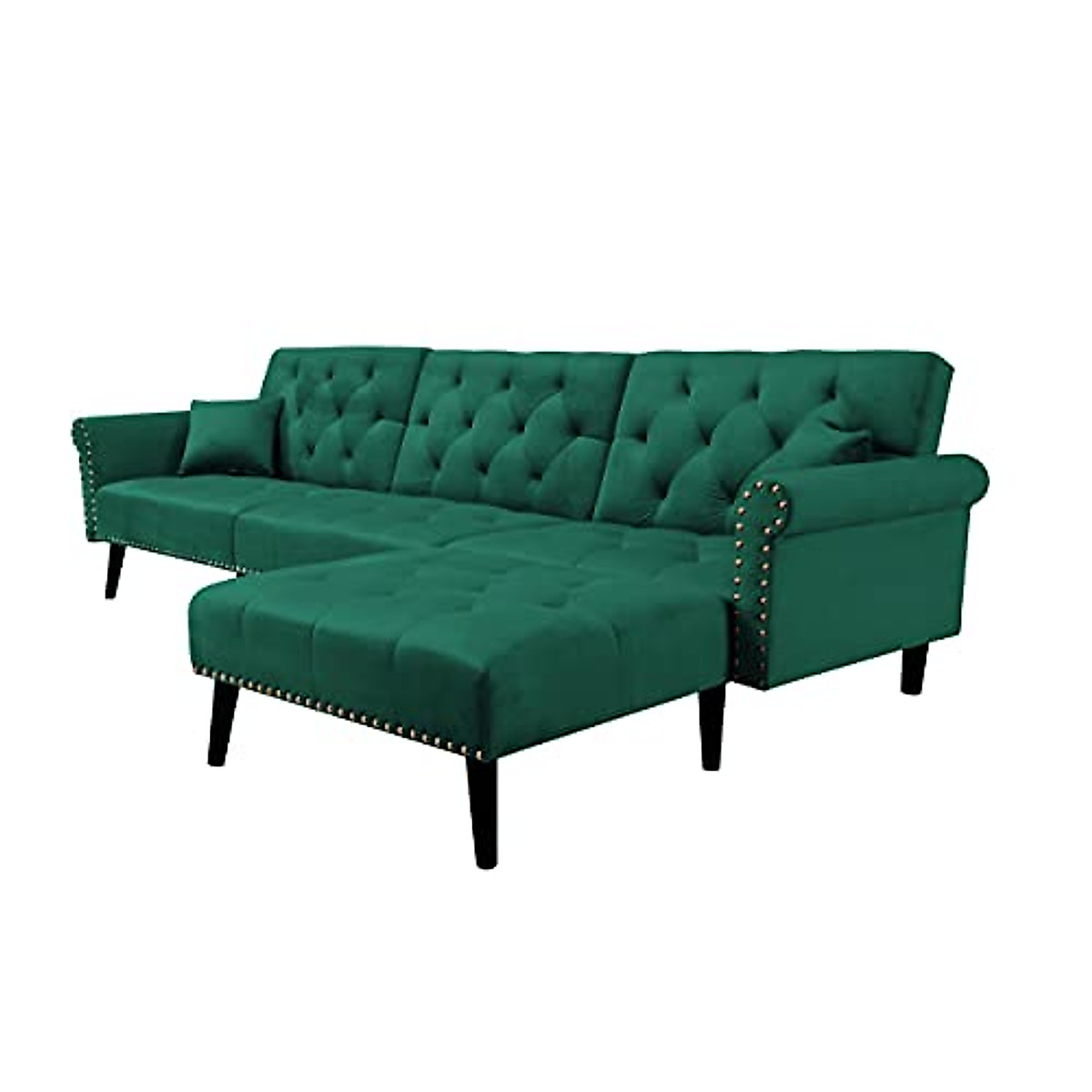 115¡±W Button Tufted Velvet Convertible Sectional Sofa Bed Sleeper with Reversible Chaise & 2 Pillows Indoor Modular Sofa (Green)