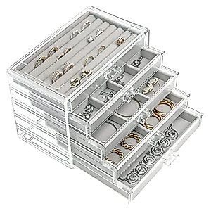 UYBeauty Acrylic Jewelry Box with 5 Drawers,Velvet Jewellery Organizer,Jewelry Storage Case for Earring Necklace,Ring Organizer Storage for Women(Grey,5 Drawers)