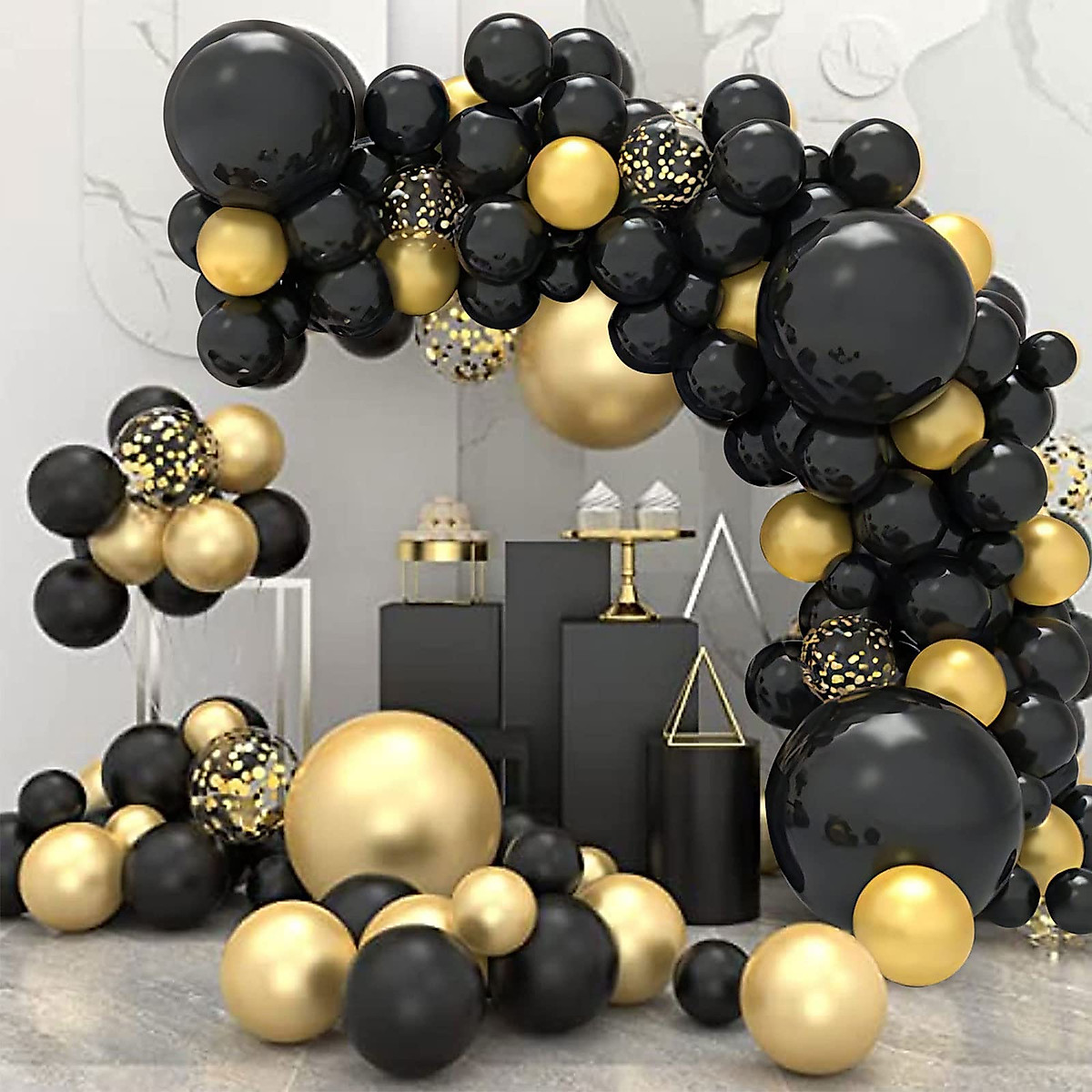 XIYAO Black and Gold Birthday Decorations Happy Birthday Backdrop 60th with 108PCS Black and Gold Balloon Garland Kit Photo Backdrop Background for Birthday Party Decoration Supplies