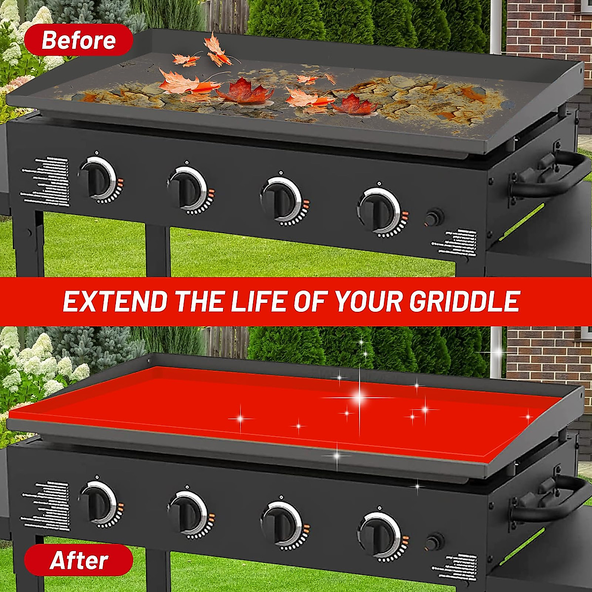 28" Silicone Griddle Mat, Heavy Duty Food Grade Silicone Grill Mats Covers for Blackston 28 Inch, Protect Griddle from Insects, Debris, and Rust（Red）