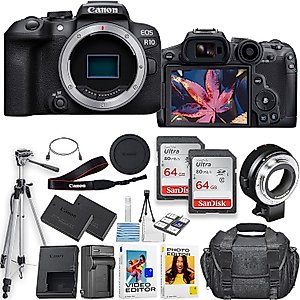 Canon EOS R10 Mirrorless Camera (Body Only) + 2pc 64GB Memory Cards + EOS R Adapter + Spare Battery + Tripod + Case & More (Renewed)