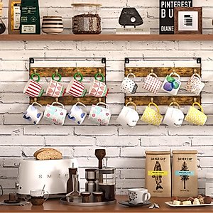 Coffee Mug Holder Wall Mounted - Coffee Cup Holder with 16 Mug Hooks, Rustic Wood Coffee Mug Organizer Hanger Display Shelf for Wall Mount, Coffee Mug Rack for Kitchen, Home, Coffee Bar, Office