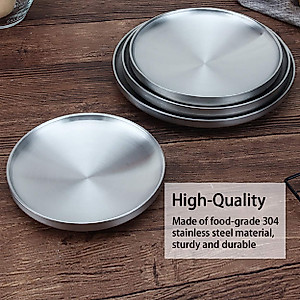 Sumerflos 304 Stainless Steel Dinner Plate, 9" Double-layer Round Dessert Plate, Serving Camping Salad Plate for Homr Kichten, Outdoor Camping, Snack and BBQ - Set of 4