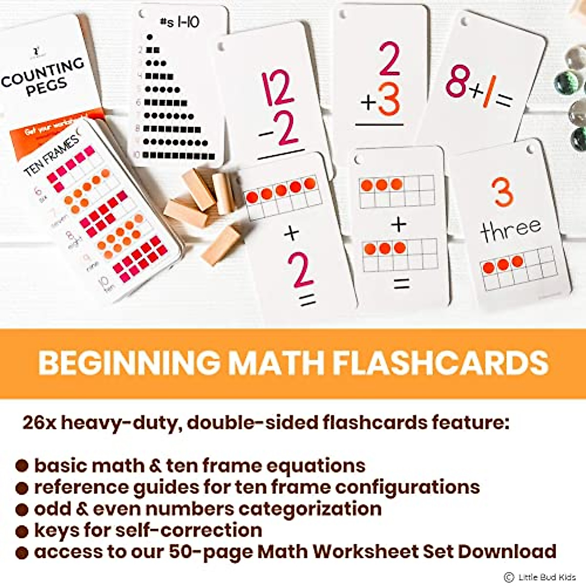LITTLE BUD KIDS Counting Pegs - A Ten Frame Math Manipulatives Number Montessori Toy for Toddlers & Kindergarteners