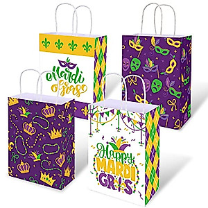 Whaline 20 Pack Mardi Gras Paper Gift Bags with Handle Crown Masquerade Mask Pattern Gold Coins Bags Carnival Party Favor Treat Bags for Gift Wrapping Mardi Gras Birthday Party Supplies, 4 Designs