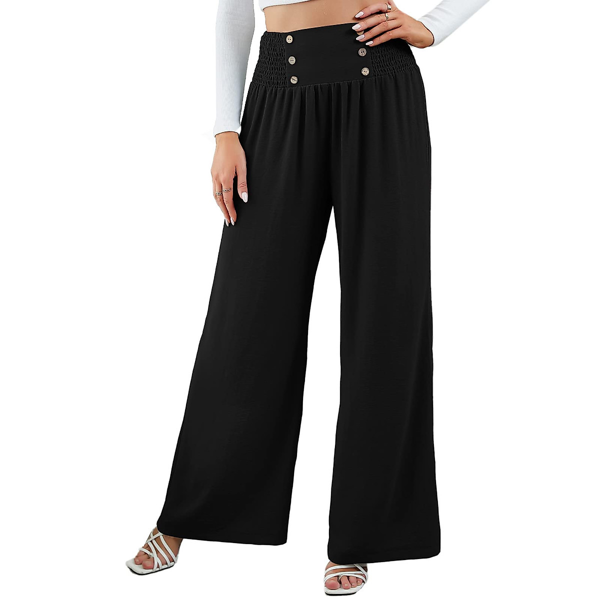 Pissente Women Wide Leg Trousers Shirred High Elastic Waist Button Decoration Casual Pants for Work Dating(XL-Black)