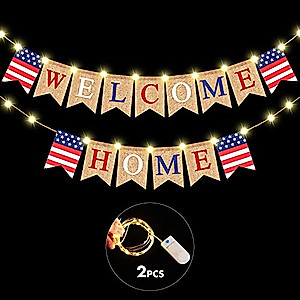 Welcome Home Banner Decoration with LED Fairy String Light 2 Flicker Mode, Patriotic Banner Bunting Welcome Home Sign for Housewarming Military Decoration Family Party 4th of July Supplies