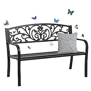BestShop Patio Bench Park Bench Outdoor Bench Garden Bench Metal Pack Bench with Armrests 480lbs Cast Iron Sturdy Steel Frame Furniture Chair for Porch Entryway Lawn Decor Deck, Black