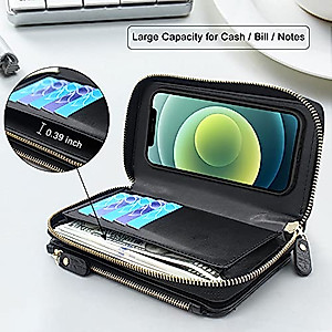 Lacass Dual Zipper Leather Wallet Case Card Slots [Cards Theft Scan Protection] Detachable Magnet Phone Cover Money Pocket Crossbody Chain Lanyard for iPhone 12/12 Pro (Black)
