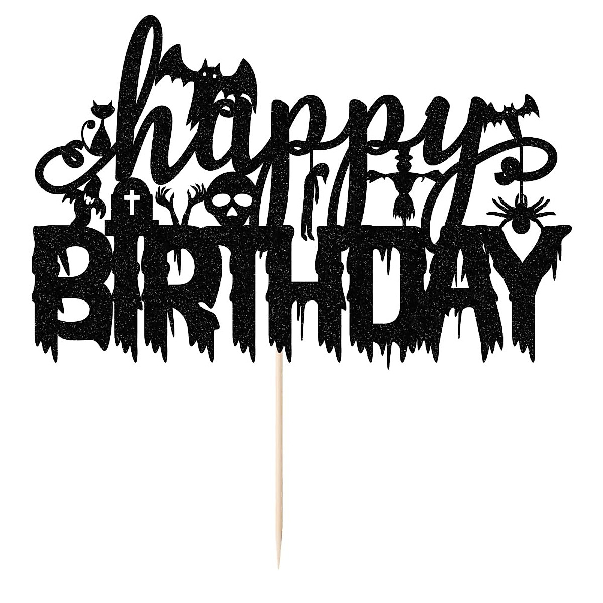 Black Glittery Halloween Happy Birthday Cake Topper Halloween Birthday Cake Picks with Bat Ghost Spider Signs Halloween Boys Girls Birthday Baby Shower Party Cake Supplies Decorations (1)