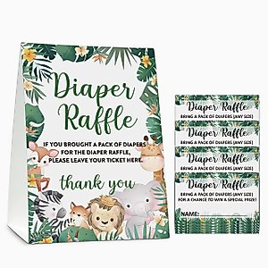 Diaper Raffle Baby Shower Game Set(1 Standing Sign + 50 Guessing Cards), Safari Diaper Raffle Tickets for Baby Shower, Jungle Baby Shower Party Favor Decor - A03