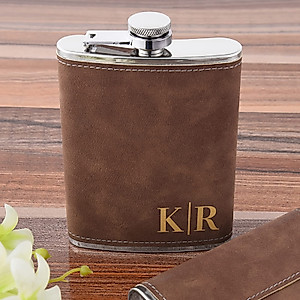 Personalized Flask Gift Set for Men with 8 Designs, 8 oz 304 Stainless Steel Engraved Hip Flasks with "Golf, Mountain, Deer, Initial" Icon, Custom Flask for Wedding Groomsmen Gifts (Brown)