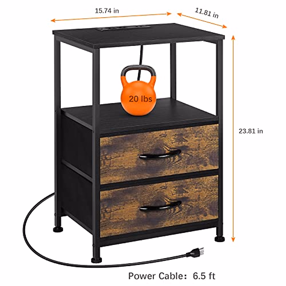 Vrisa Nightstand with Charging Station Black Bedside Table Fabric Drawers End Table with Open Shelf Night Stand with USB Port and AC Outlet for Bedroom