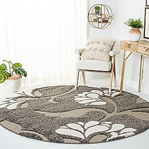 SAFAVIEH Florida Shag Collection 5' Round Smoke / Beige SG459 Floral Non-Shedding Living Room Bedroom Dining Room Entryway Plush 1.2-inch Thick Area Rug