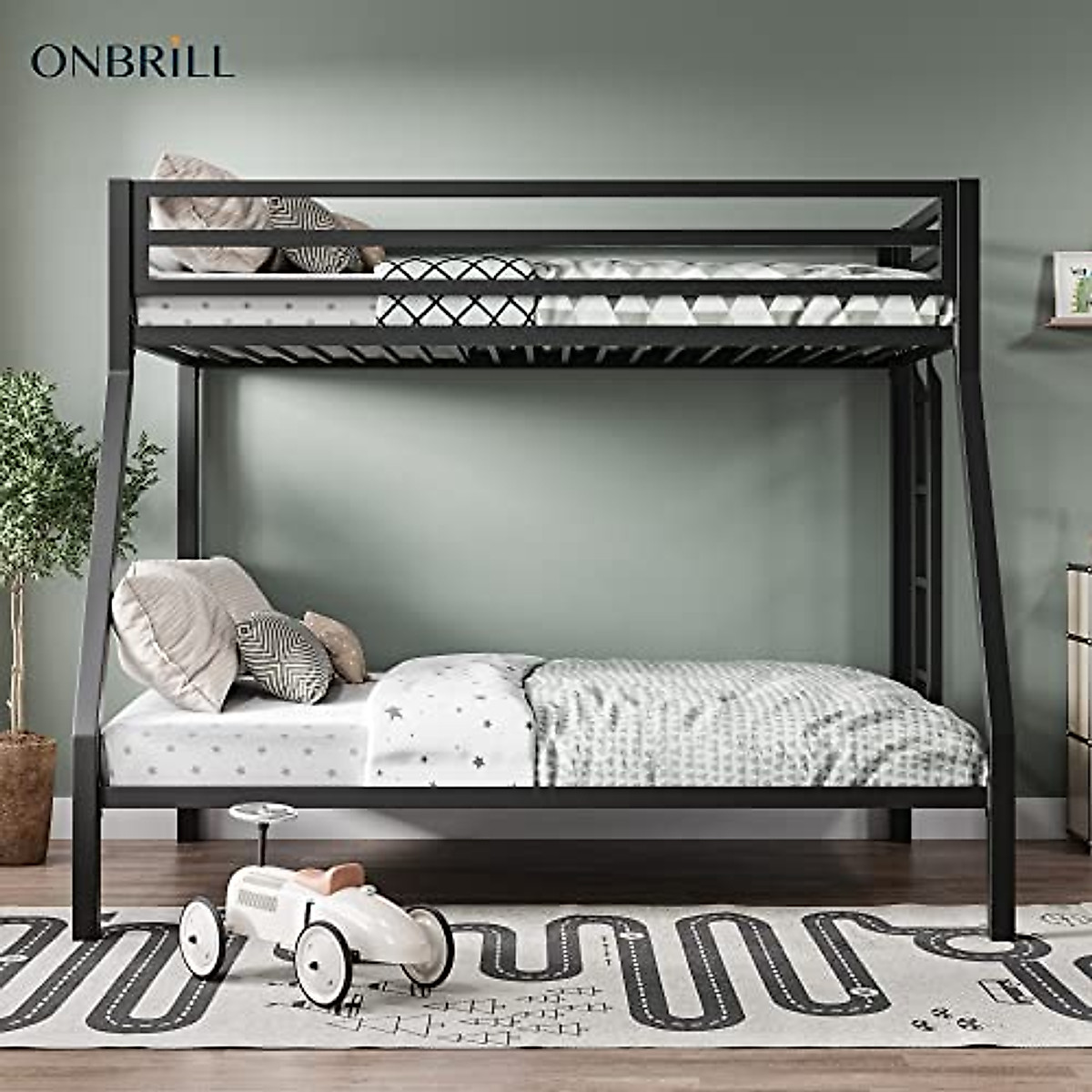 ONBRILL Twin Over Full Metal Bunk Bed with Stairs, Full-Length Guardrails Space Saving/No Box Spring/Noiseless/Black
