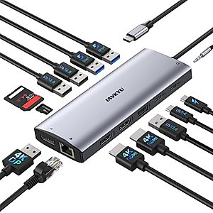 USB C Docking Station 3 Monitors 4K@60Hz, 14-in-1 Laptop Docking Station with 2 HDMI 4K@60Hz, DP 8K@30Hz/ 4K@144Hz, 3 USB 3.0, 2 USB 2.0, RJ45, Audio, PD 100W, USB-C HUB for Windows Laptop Accessories