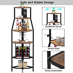 Espelism 5-Tier Corner Wine Rack Freestanding Floor with Glass Holder and Bottles Wine Storage Industrial Bar Cabinets with LED Light for Liquor and Glasses for Living Room Kitchen Home Bar
