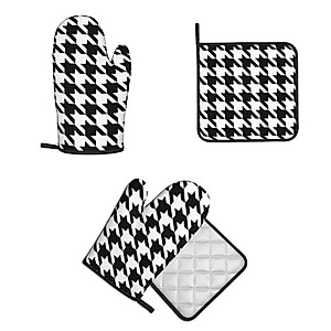 Houndstooth Black Print Oven Mitts and Pot Holders Sets,Non-Slip Heat Resistant Oven Mitts for Home Cooking, Baking,BBQ,Grilling,Holders for Kitchen