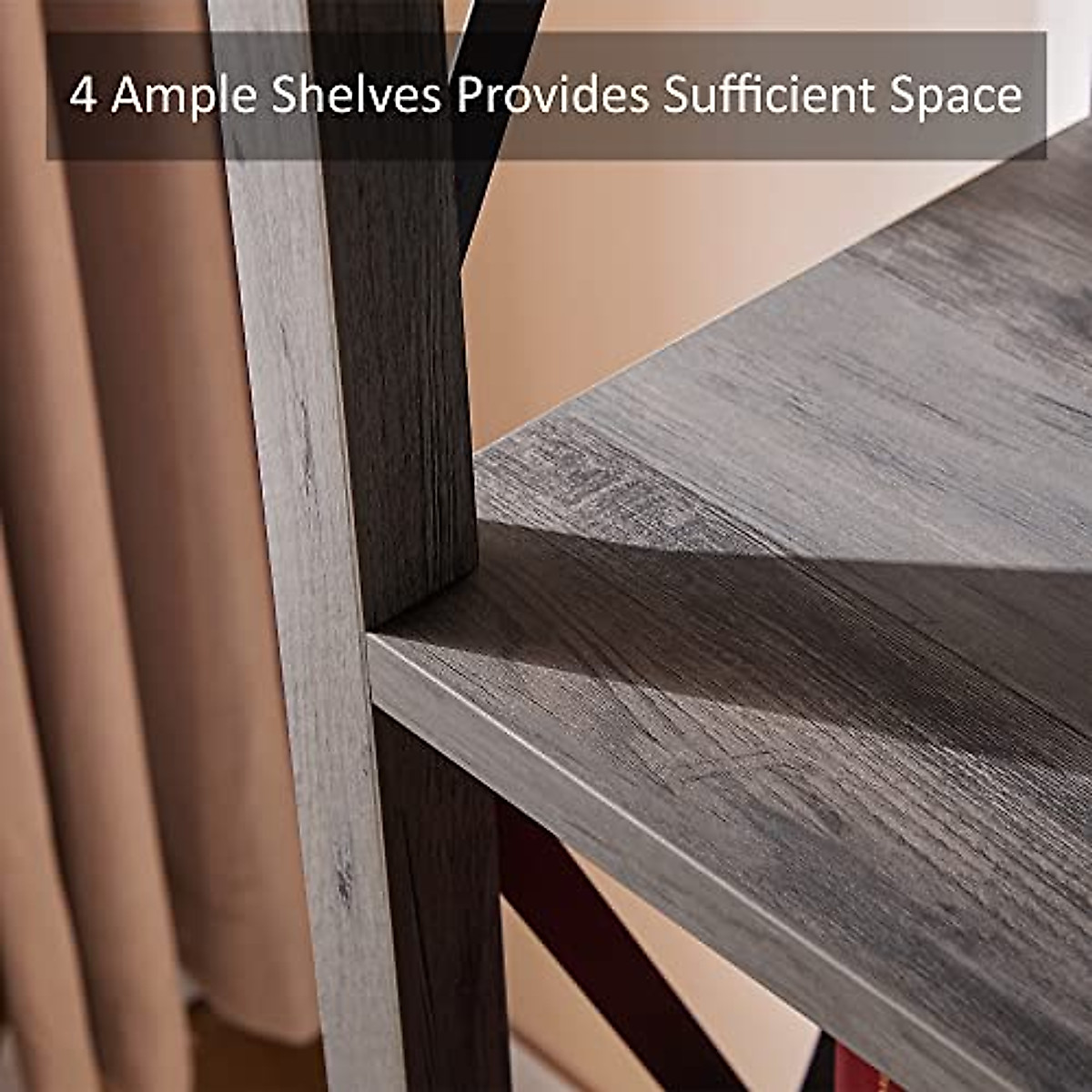 AMERLIFE 4-Tier Bookshelf, Tall Industrial Book Shelf, Rustic Wood & Metal X Frame Farmhouse Bookcase & Bookshelves for Living Room, Bedroom, Grey Wash, 64'', (bookshelf21B)