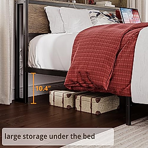 IRONCK Full Size Bed Frame with Bookcase Headboard with Charging Station, Mattress Foundation/No Box Spring Needed, Non-Slip Without Noise, Rustic Maple