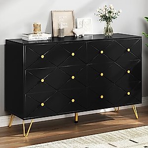 DWVO Large 6 Drawer Dresser for Bedroom, Black Wood Dresser Chest of Drawers with Fluted Panels, Modern 47" W TV Stand Double Dressers Storage Cabinet for Living Room, Hallway, Entryway