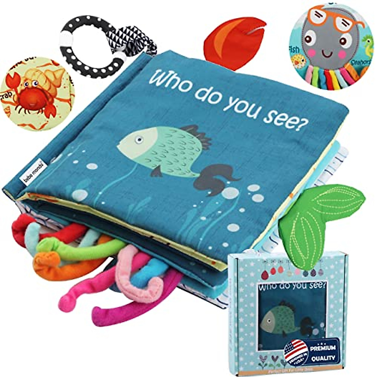 Soft Cloth Crinkle Books Touch Feel Baby Books 0-6 Months for Babies,Infants,Toddlers,Baby Boy Girl Toys 0-3 Months 6 to 12 Months 1-3 Years Old Shower Gifts Box, Sensory Toy Fish Octopus,Teether Ring