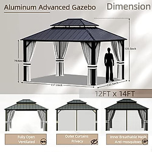 Delnavik 12X14FT Hardtop Gazebo Double Roof, Pergolas Aluminum Frame, Outdoor Metal Gazebos with Netting and Curtains for Patio, Backyard, Deck and Lawns, Grey