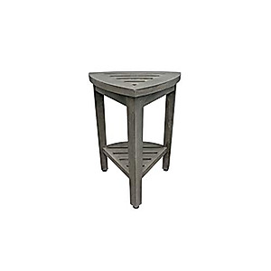 CoastalVogue Flexi Corner Teak Shower Corner Stool Wood Corner Shower Seat Spa Bench with Shelf, 15" Corner Shower Foot Stool in Antique Gray Finish