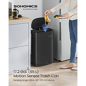 SONGMICS Kitchen Trash Can, 17.2-Gallon (65 L) Motion Sensor Garbage Can, Stainless Steel Trash Bin, Ozone Odor Control, Stay-Open, Ink Black ULTB660B01