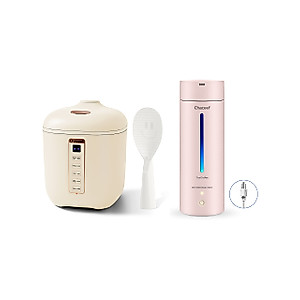 CHACEEF Mini Rice Cooker 2-Cups Uncooked, 1.2L Portable Non-Stick Small Travel Rice Cooker Beige & CHACEEF Travel Electric Kettle, 350ml Small Portable Kettle with Non-stick Coating, Pink