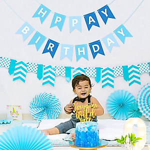 Eaezerav Happy Birthday Banner Blue Signs Happy Birthday Bunting Banner Garland for Baby Shower Gender Reveal Party Supplies for Boys Girls, Nursery Hanging Decoration Wall Backdrop