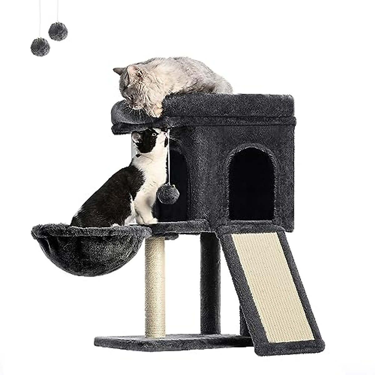 FourFurPets Cat Tree, 27in Cat Tower, Cat Condo for Kittens, Large Cat Perch, Cat Caves, Cat Basket, Sisal Scratching Board, Smoky Gray