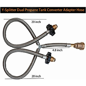 Upgraded Stainless Braided Y-Splitter Dual Propane Tank Connection Hose Kit,Two Way POL & QCC1 Regulator Exit Adapter to Connect 5-100lbs Cylinder Tank for Heater Grill BBQ and Other Propane Equipment