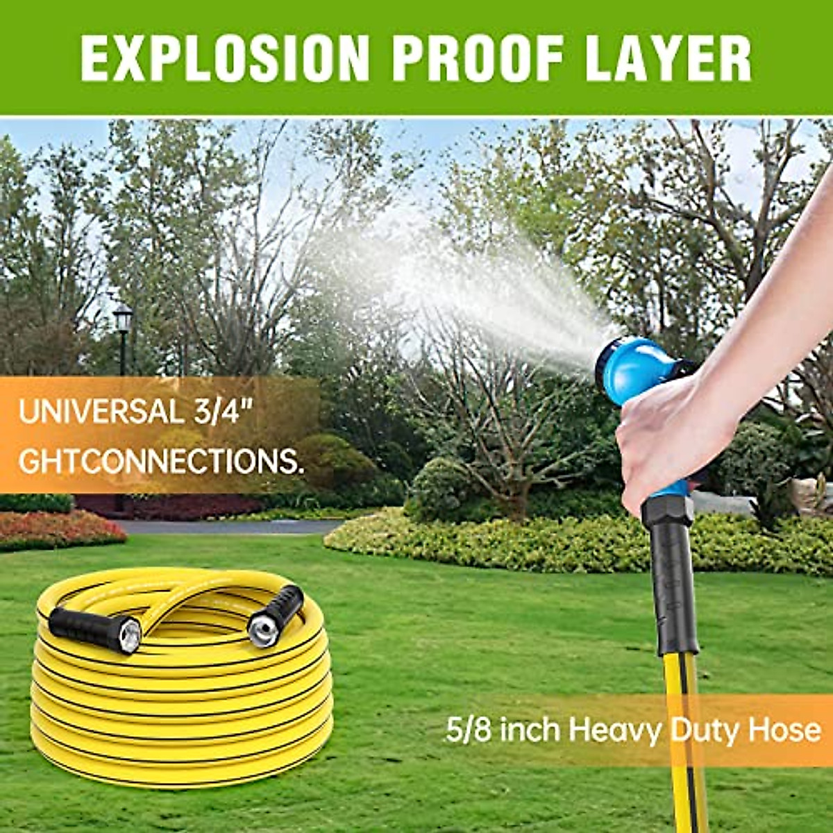 GREENER 50FT Tools Hybrid Garden Hose Dia.5/8’’ Inner Durable Rv Garden Hose with Swivel Grip Handle 150PSI High Burst Strength Industrial Water Hose for All Weather Outdoor (Yellow)