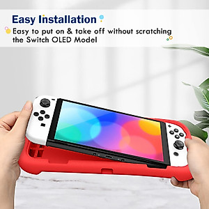 Fintie Kids Case for Nintendo Switch OLED Model 2021 with 2 Game Card Slots - [Kids Friendly] Ultralight Shockproof Protective Cover, Ergonomic Grip Case for Switch OLED Model Console 7.0", Red