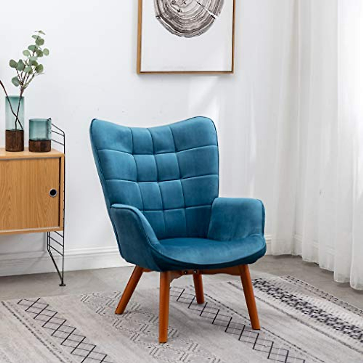 Roundhill Furniture Leiria Contemporary Silky Velvet Tufted Accent Chair with Ottoman, Single, Blue