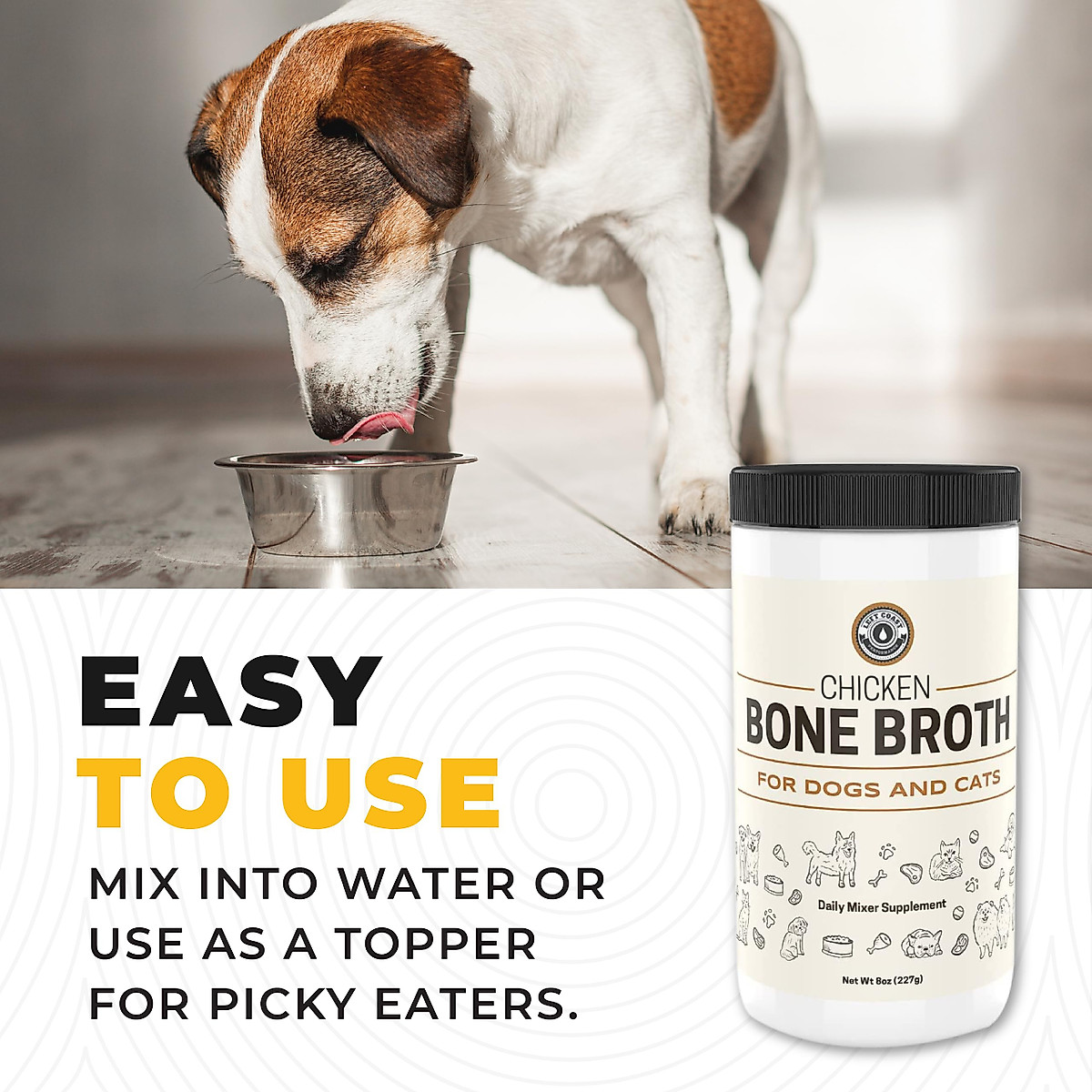 8oz Chicken Bone Broth Powder for Dogs and Cats – Premium Human Grade Chicken Broth Topper for Picky Eaters –Supports Joints and Gut Health – Bone Broth for Cats - Dog Food Toppers For Dry Food