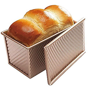 Cayanmydery Pullman Loaf Pan with Lid, Non-Stick Bakeware Carbon Steel Bread Toast Box Mold with Cover for Baking Bread, 1 lb Dough Capacity, Golden Corrugated Bread Box