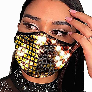 Barode Sparkly Sequins Mask Gold Crystal Face Cover Cotton Masquerade Masks Halloween Party Nightclub Face Masks Covering for Women and Girls (Gold)