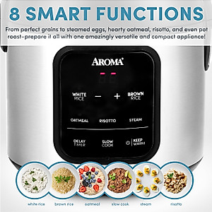 AROMA® Digital Rice Cooker, 4-Cup (Uncooked) / 8-Cup (Cooked), Steamer, Multicooker, Slow Cooker, Oatmeal Cooker, Auto Keep Warm, 2 Qt, Stainless Steel Exterior