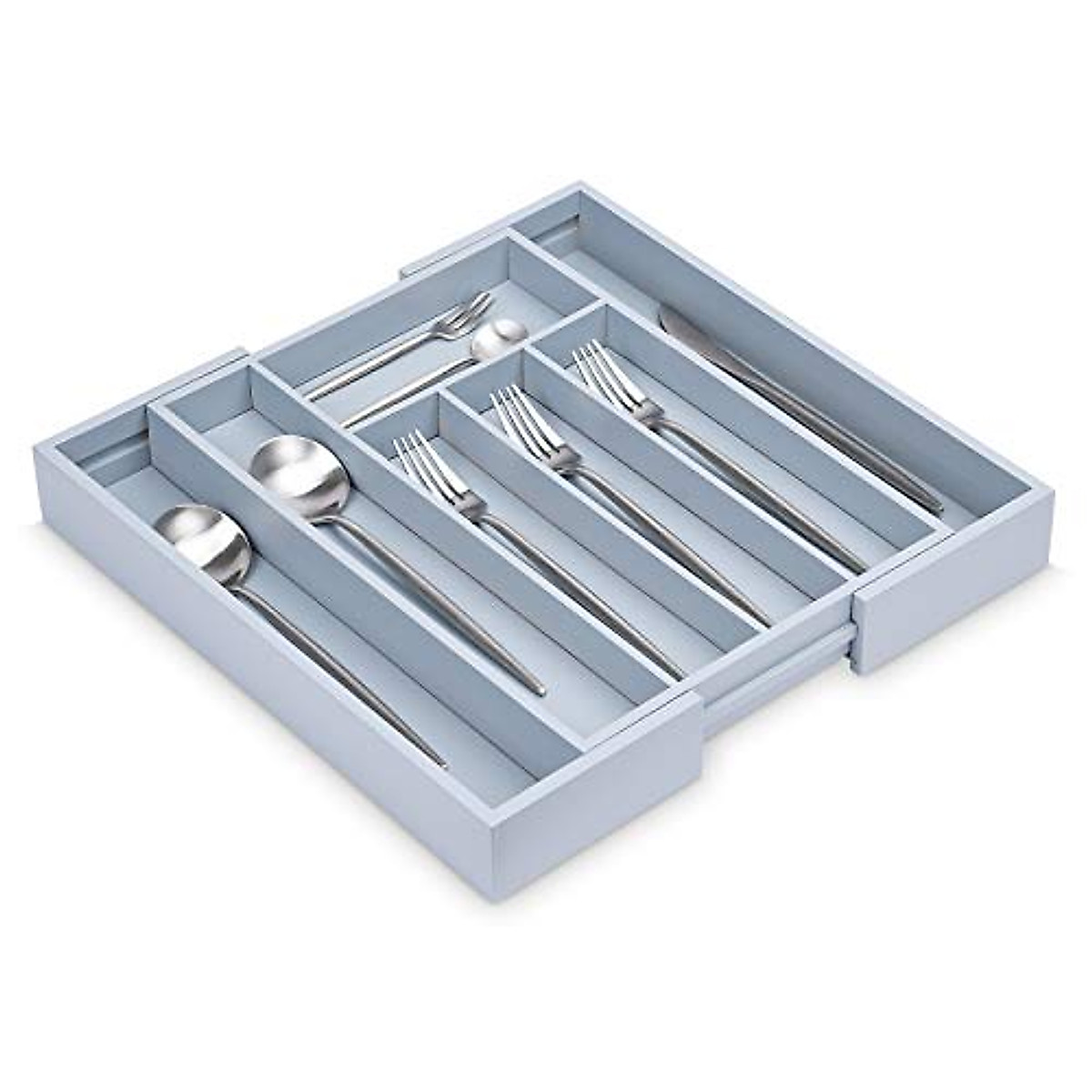 WuGeShop Bamboo Kitchen Drawer Organizer Expandable, Large Flatware Utensil Organizer, Adjustable Silverware Cutlery Tray for Knives, Spoons, Forks (7 Slots, Gray)