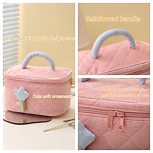 TrueLux Cute Corduroy Makeup Bag Set of 2(Cream),Quilted Travel Cosmetic Organizer Bag with Tulips, Velvet Toiletry Bag with Portable Makeup Pouch for Women Girls