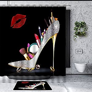 2 Pcs High Heels Shower Curtain Sets with Bath Mat,Lipstick Red Lip Makeup Fashion Fancy Woman Girls Romantic Black Background 70"x 70" Bathroom Curtain with 12 Hooks and 29.5"x 17.8" Bath Rugs