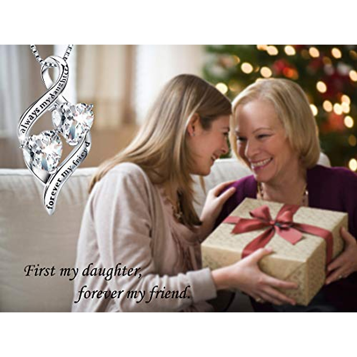 MUATOGIML 925 Sterling Silver Always My Daughter Forever My Friend Double Love Heart Pendant Necklace, Mother Daughter Jewelry Gifts 18"