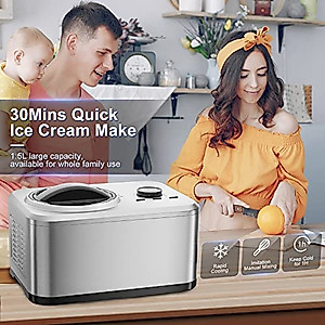 LHRIVER Ice Cream Maker,1.5 Quart Stainless Steel Automatic Ice Cream Maker Machine with LCD Timer,No Pre-freezing,for Making Ice Cream,Gelato,Frozen Yogurt in 30-60 min